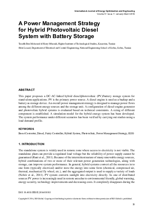 (PDF) A power management strategy for hybrid photovoltaic diesel system ...