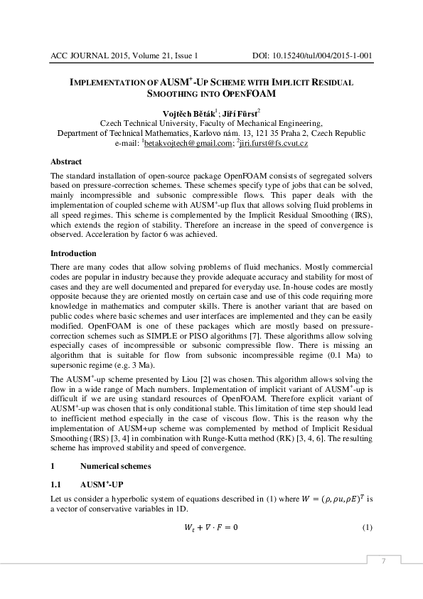(PDF) Implementation of AUSM+-Up scheme with implicit residual smoothing into OpenFOAM