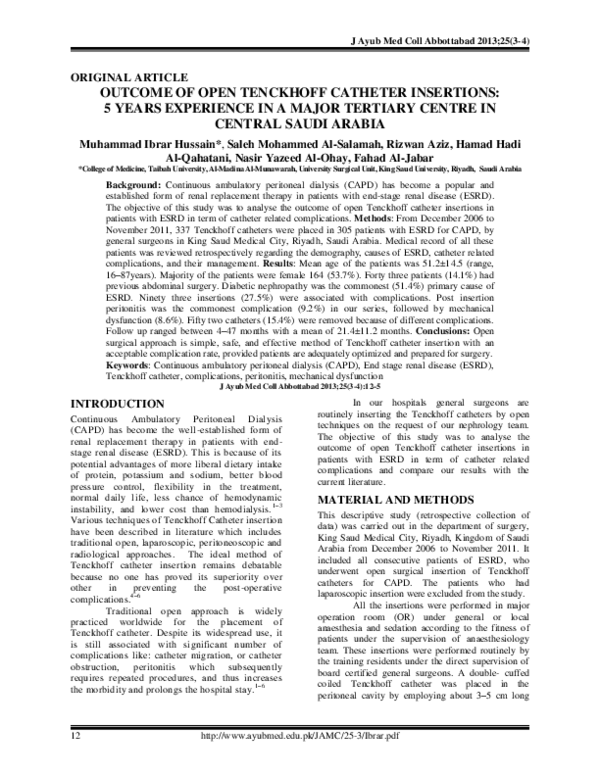 (PDF) Outcome of open Tenckhoff catheter insertions: 5 years experience ...