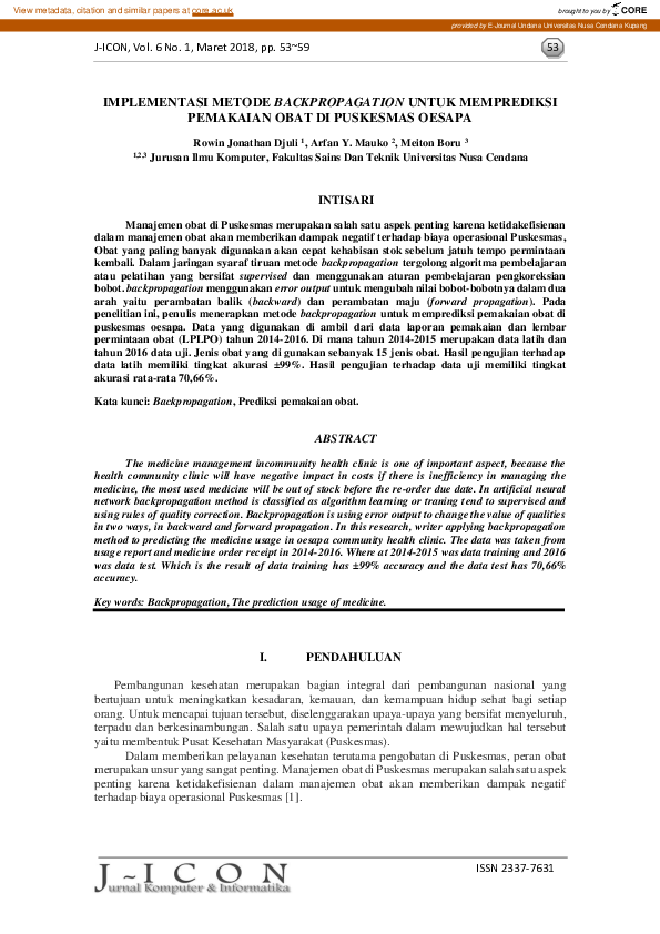 (PDF) Implementasi Metode Backpropagation Untuk Memprediksi Pemakaian Obat DI Puskesmas Oesapa