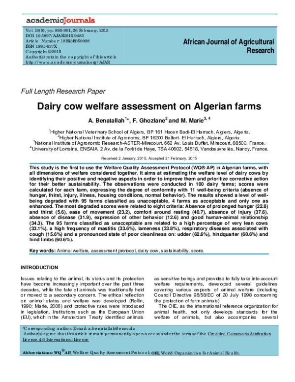 (PDF) Dairy cow welfare assessment on Algerian farms | Amel BENATALLAH ...