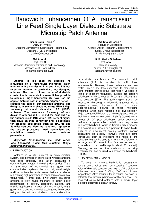 (PDF) Bandwidth Enhancement Of A Transmission Line Feed Single Layer ...
