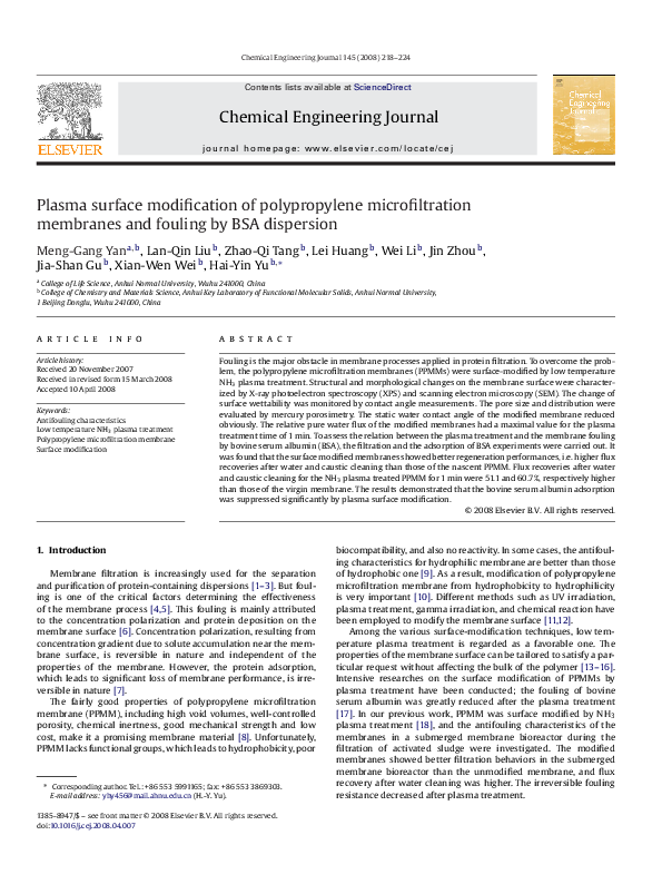 (PDF) Plasma surface modification of polypropylene microfiltration ...