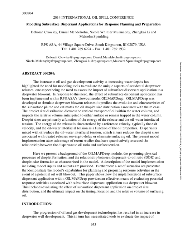 (PDF) Modeling Subsurface Dispersant Applications for Response Planning and Preparation
