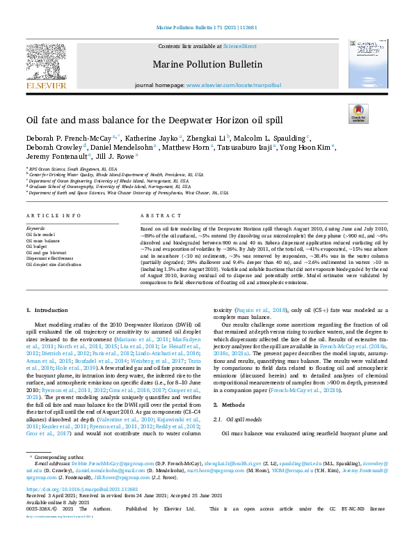 (PDF) Oil fate and mass balance for the Deepwater Horizon oil spill