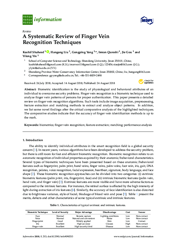 (PDF) A Systematic Review of Finger Vein Recognition Techniques