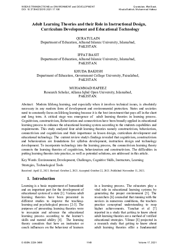 (PDF) Adult Learning Theories and their Role in Instructional Design, Curriculum Development and ...