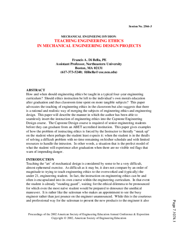 (PDF) Teaching Engineering Ethics In Mechanical Design Projects