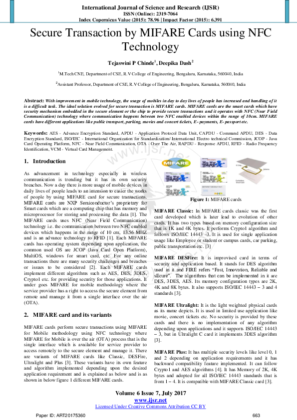 (PDF) Secure Transaction by MIFARE Cards using NFC Technology