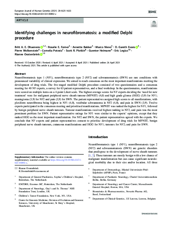 (PDF) Identifying challenges in neurofibromatosis: a modified Delphi procedure