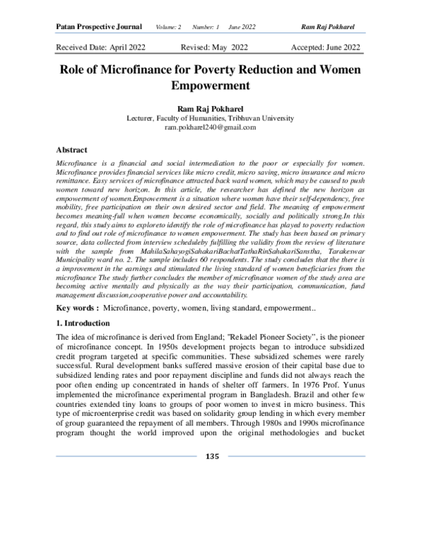 (PDF) Role of Microfinance for Poverty Reduction and Women Empowerment