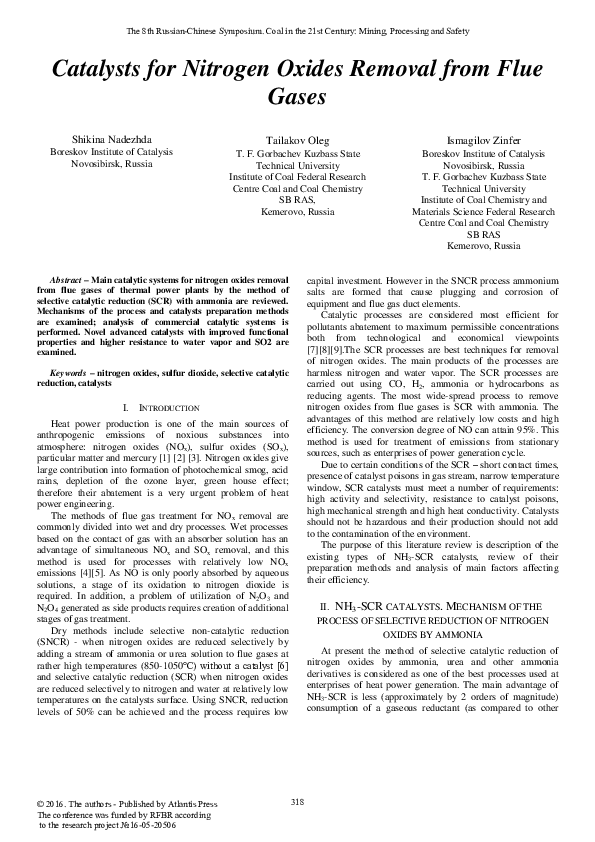(PDF) Catalysts for Nitrogen Oxides Removal from Flue Gases