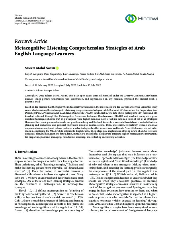 Pdf Metacognitive Listening Strategies In Arab Efl Learners