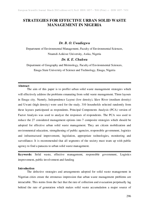 (PDF) Strategies for Effective Urban Solid Waste Management in Nigeria