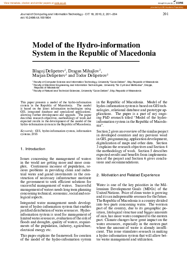 (PDF) Model of the Hydro-information System in the Republic of Macedonia