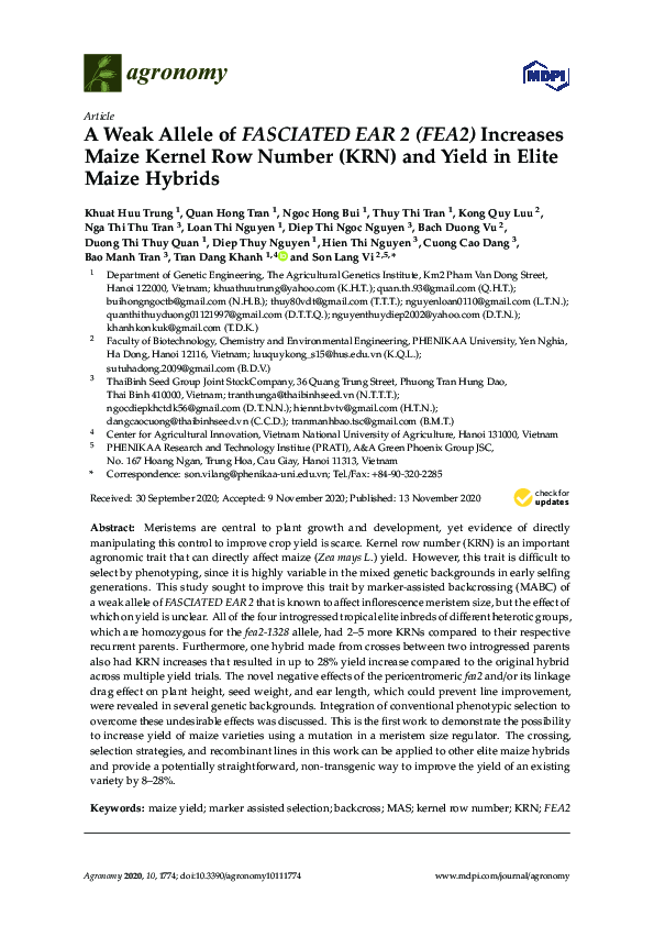 (PDF) A Weak Allele of FASCIATED EAR 2 (FEA2) Increases Maize Kernel ...