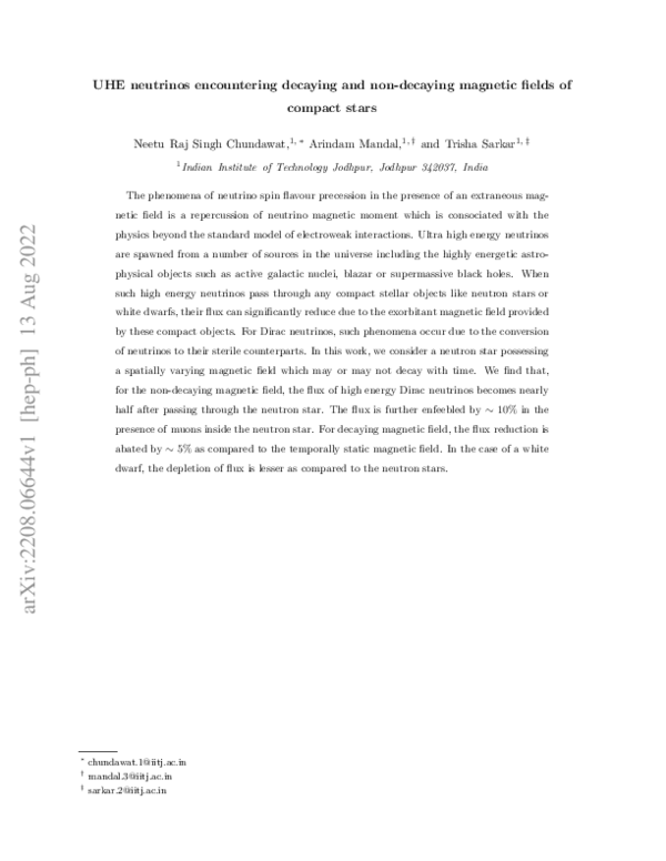 (PDF) UHE neutrinos encountering decaying and non-decaying magnetic ...
