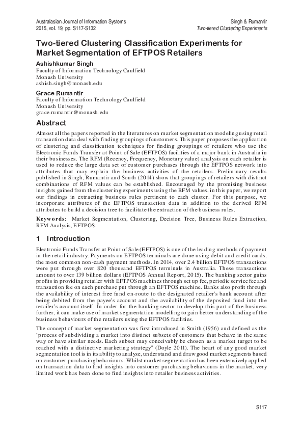 (PDF) Two-tiered Clustering Classification Experiments for Market Segmentation of EFTPOS Retailers
