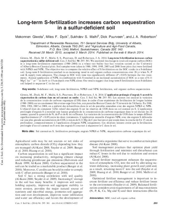 (PDF) Long-term S-fertilization increases carbon sequestration in a sulfur-deficient soil