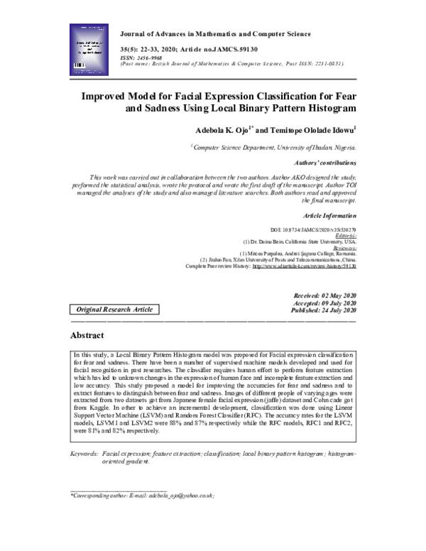 Pdf Facial Expression Classification Fear Vs Sadness 