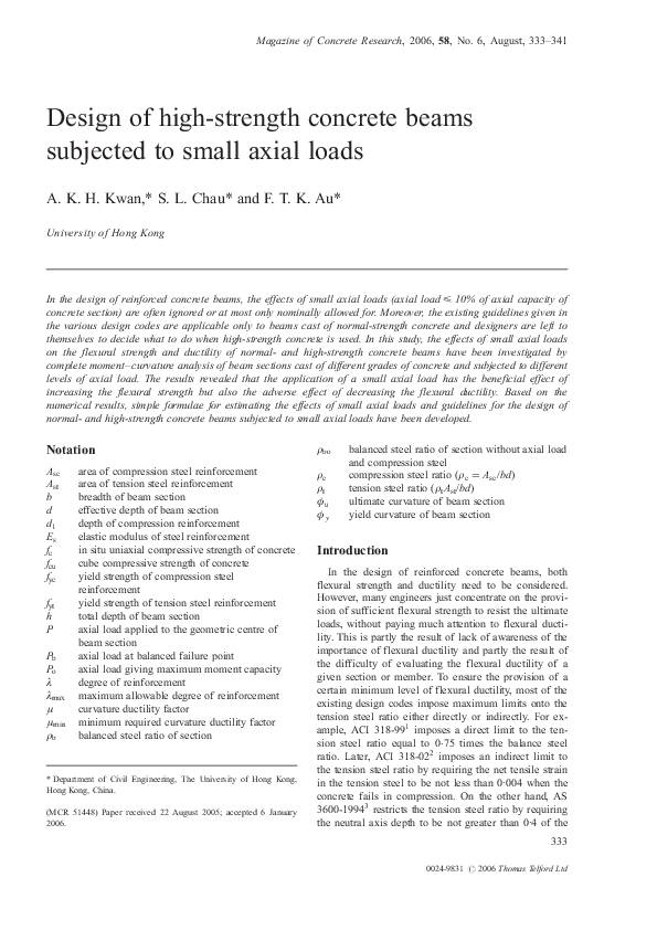(PDF) Design of high-strength concrete beams subjected to small axial loads
