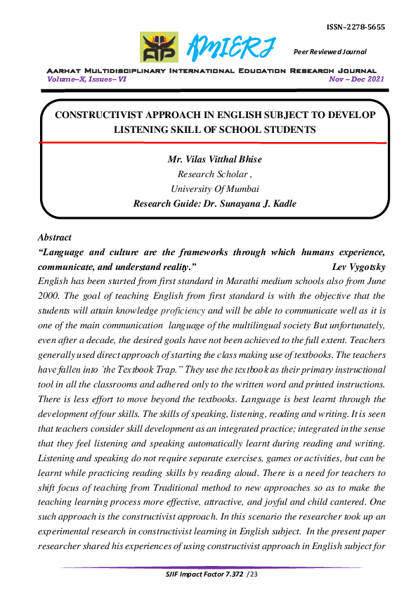 (PDF) Constructivist Approach in English Subject to Develop Listening Skill of School Students