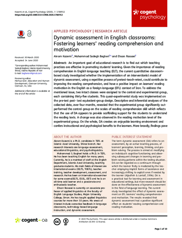 (PDF) Dynamic assessment in English classrooms: Fostering learners’ reading comprehension and ...