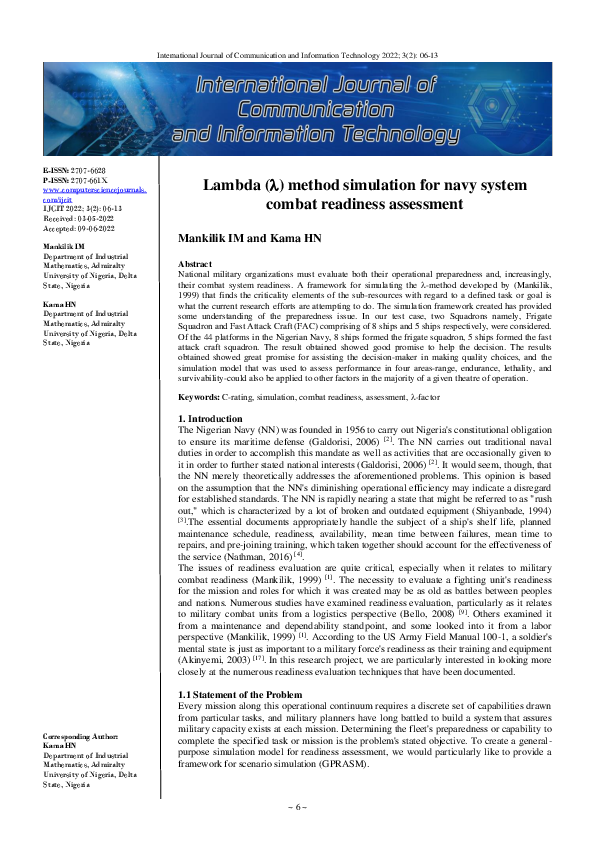 (PDF) Lambda ( ) method simulation for navy system combat readiness assessment