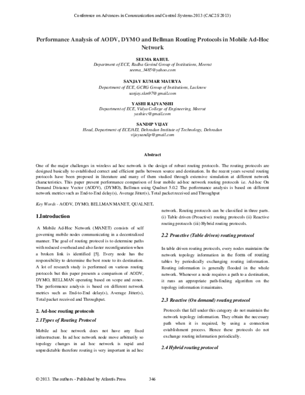 Pdf Performance Analysis Of Aodv Dymo And Bellman Routing Protocols In Mobile Ad Hoc Network