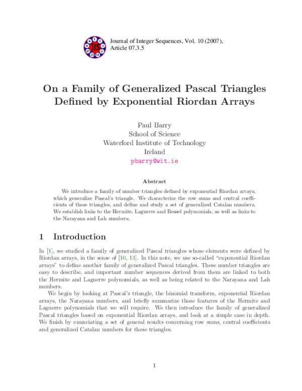 (PDF) On a family of generalized Pascal triangles defined by ...