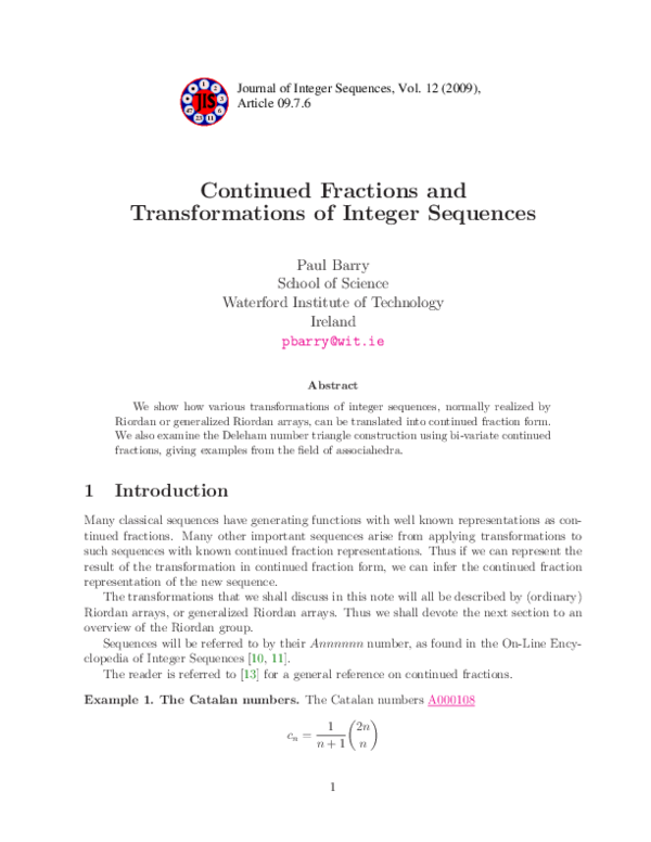 (PDF) Continued fractions and transformations of integer sequences