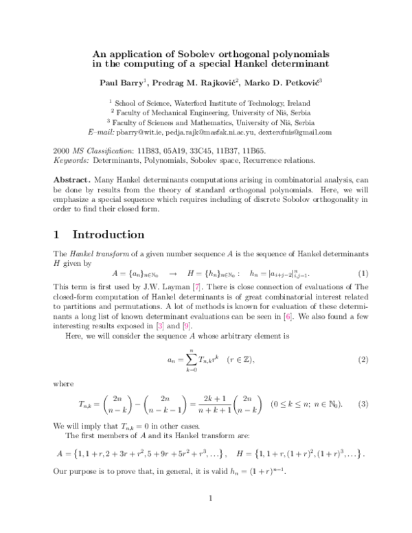 (PDF) An Application of Sobolev Orthogonal Polynomials to the Computation of a Special Hankel ...