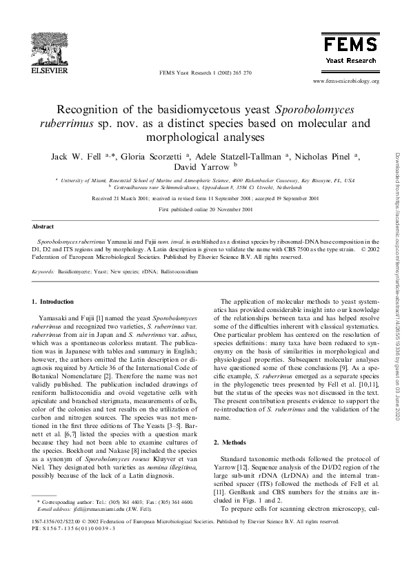 (PDF) Recognition of the basidiomycetous yeast Sporobolomyces ...