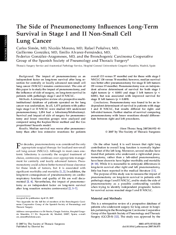 (PDF) The Side of Pneumonectomy Influences Long-Term Survival in Stage ...