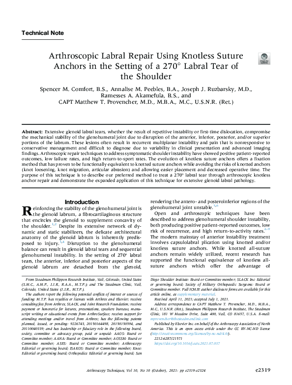 (PDF) Arthroscopic Labral Repair Using Knotless Suture Anchors in the ...