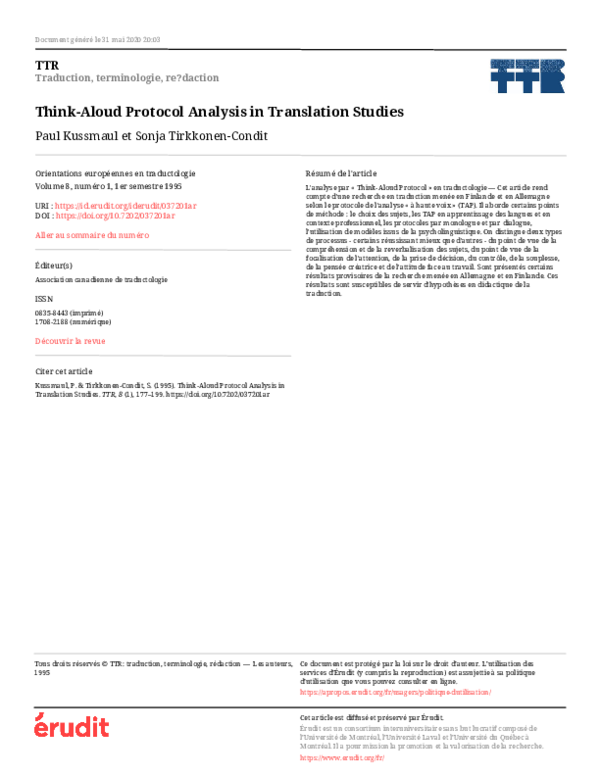 (PDF) Think-Aloud Protocol Analysis in Translation Studies