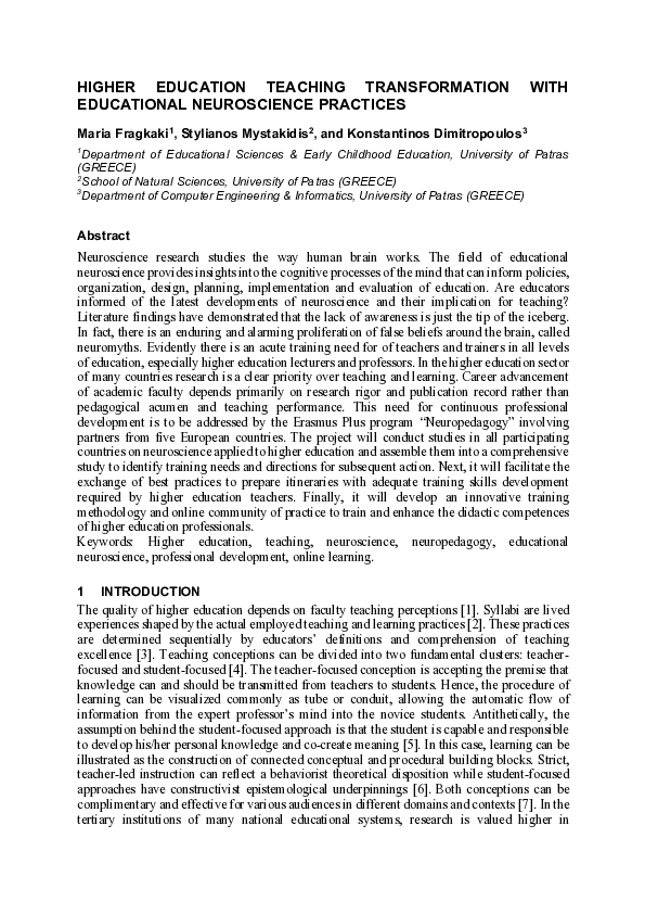 (PDF) HIGHER EDUCATION TEACHING TRANSFORMATION WITH EDUCATIONAL NEUROSCIENCE PRACTICES