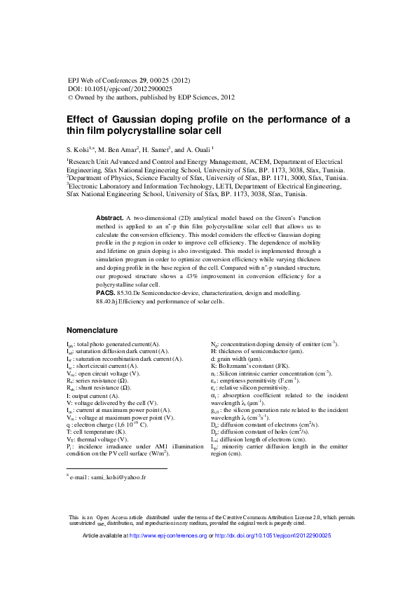 (PDF) Effect of Gaussian doping profile on the performance of a thin film polycrystalline solar cell