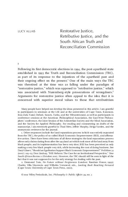 (PDF) Restorative Justice, Retributive Justice, and the South African ...