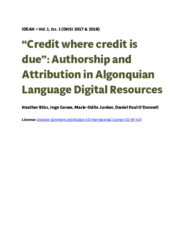 (PDF) “Credit where credit is due”: Authorship and Attribution in Algonquian Language Digital ...