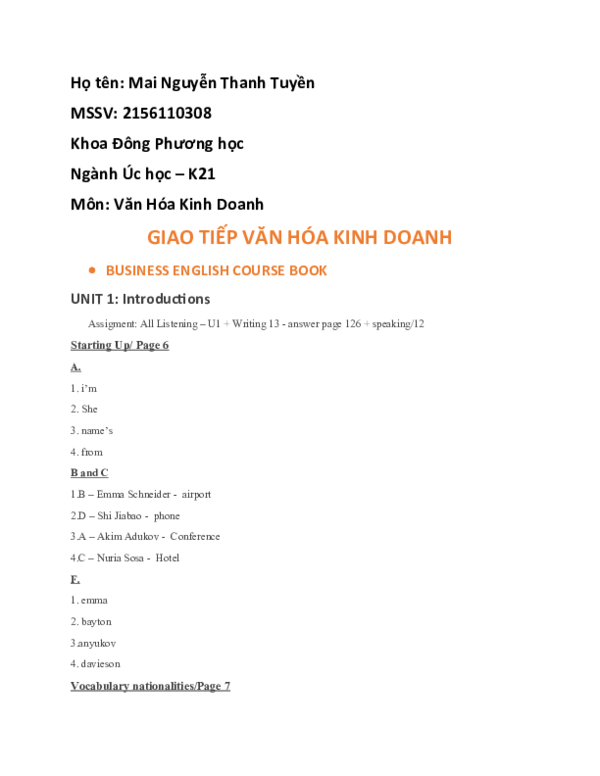 (DOC) GIAO TI P VĂN HÓA KINH DOANH • BUSINESS ENGLISH COURSE BOOK UNIT 1: Introductions