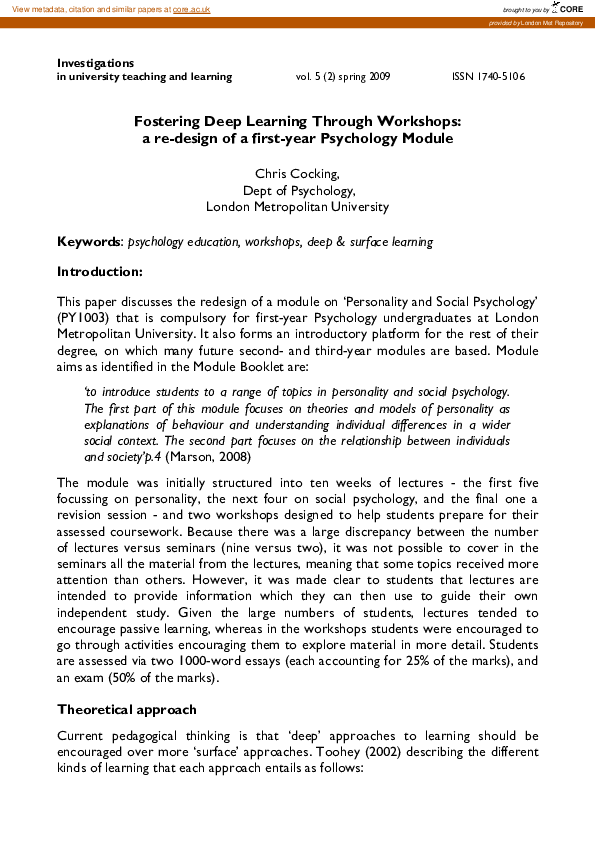 Fostering Deep Learning Through Workshops: a re-design of a first-year ...