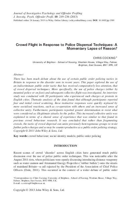 (PDF) Crowd Flight in Response to Police Dispersal Techniques: A ...