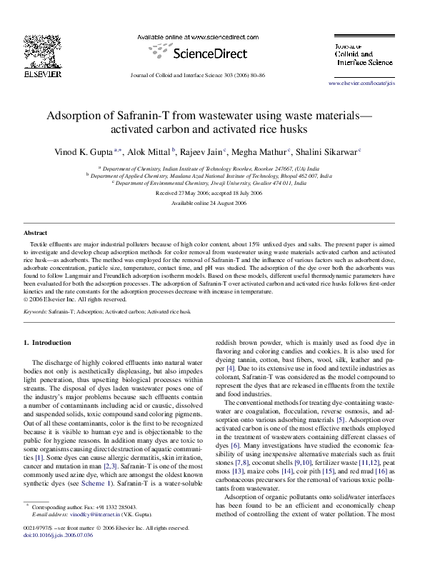 (PDF) Adsorption of Safranin-T from wastewater using waste materials ...