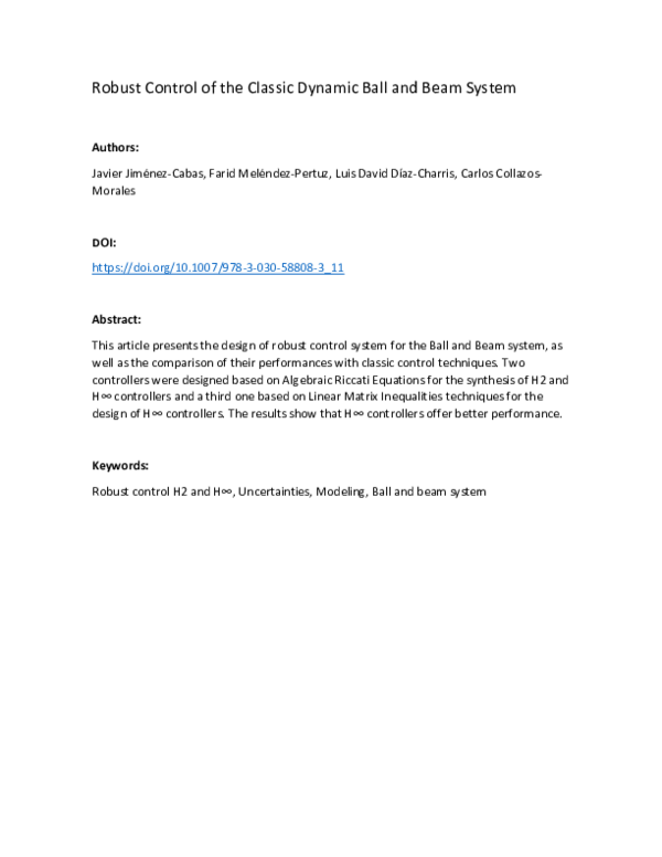 (PDF) Robust Control of the Classic Dynamic Ball and Beam System