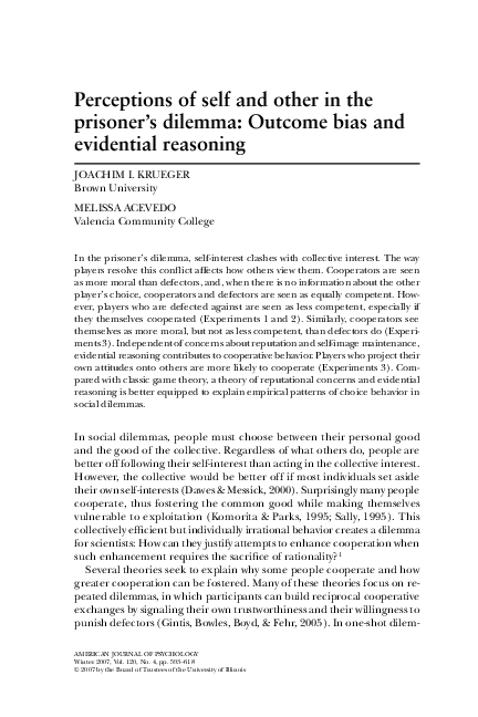 (PDF) Perceptions of Self and Other in the Prisoner's Dilemma: Outcome ...