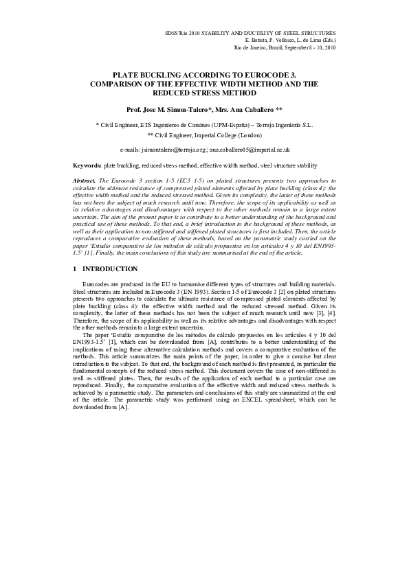 (PDF) Plate Buckling According to Eurocode 3. Comparison of the Effective Width Method and the ...
