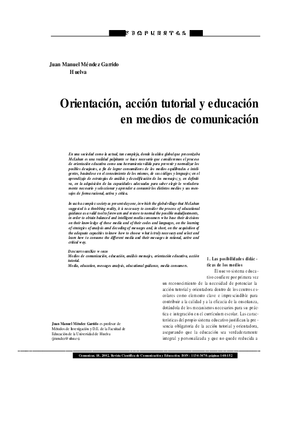 (PDF) Orientación, acción tutorial y educación en medios de comunicación