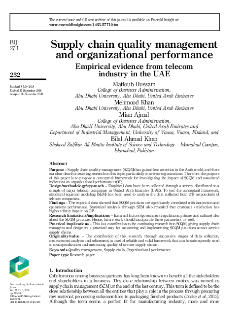 (PDF) Supply chain quality management and organizational performance