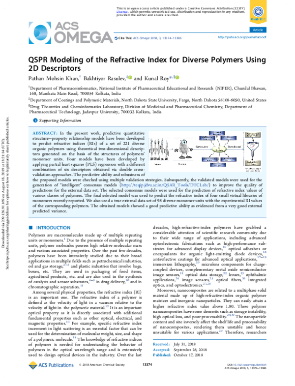 (PDF) QSPR Modeling of the Refractive Index for Diverse Polymers Using 2D Descriptors